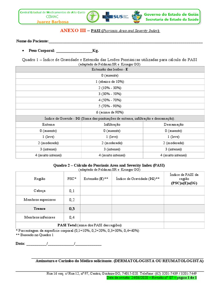 Formulário para cálculo do Índice de Área e Gravidade da Psoríase (PASI ...