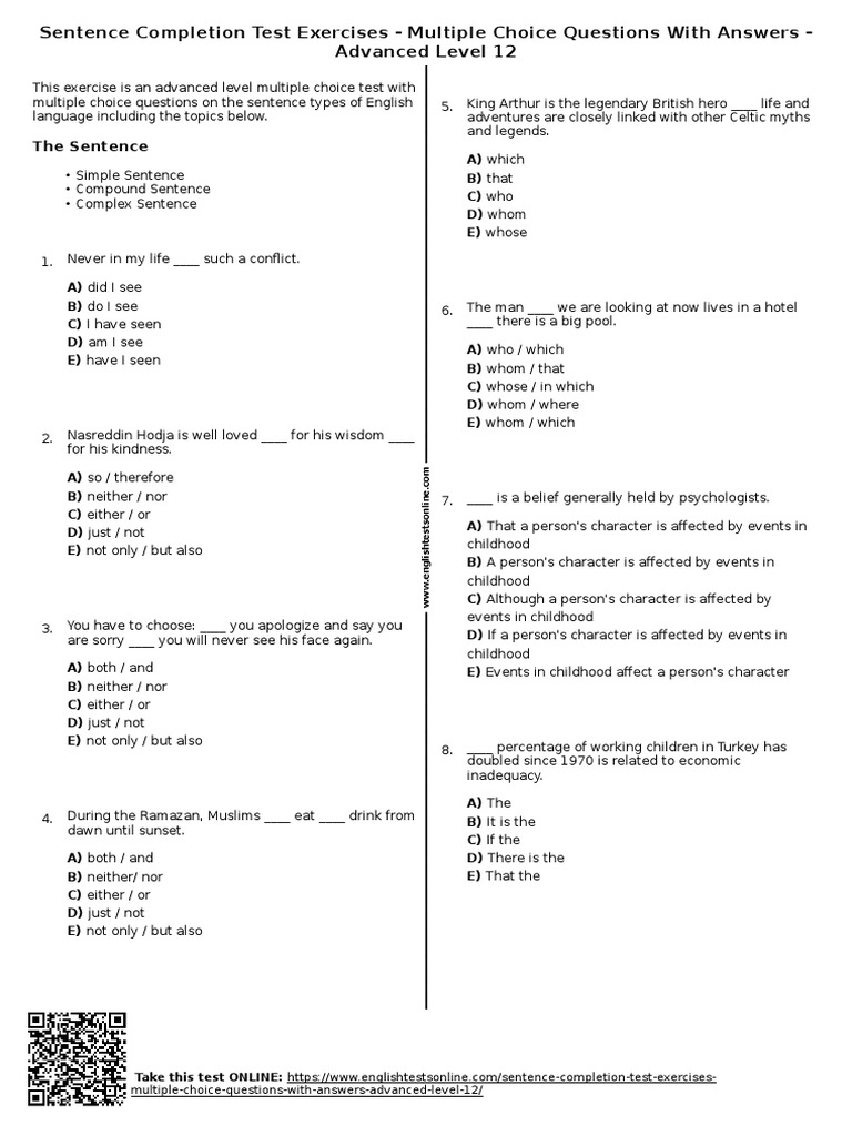 511 Sentence Completion Test Exercises Multiple Choice Questions With ...