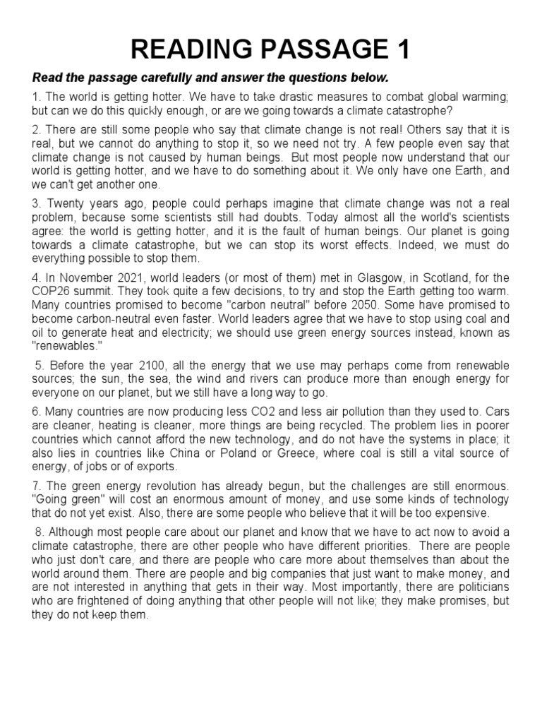 Reading Passage 1: Read The Passage Carefully and Answer The Questions ...