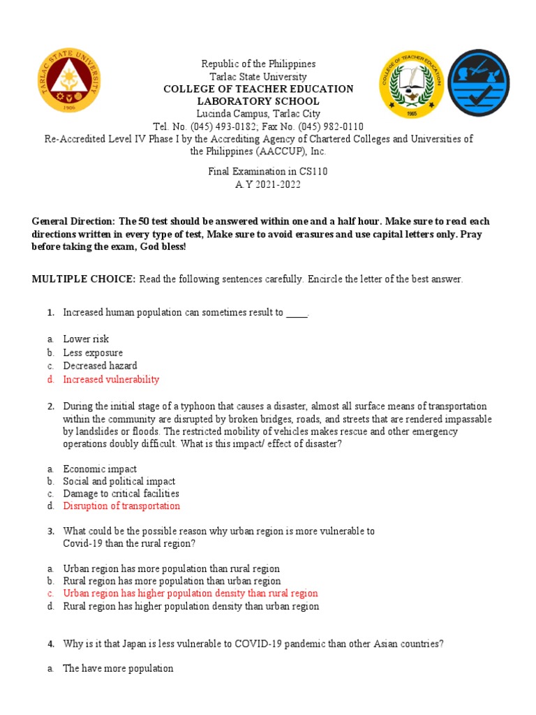 Final Examination in Cs110 - DRRR - Answer Key | PDF | Earthquakes | Hazards