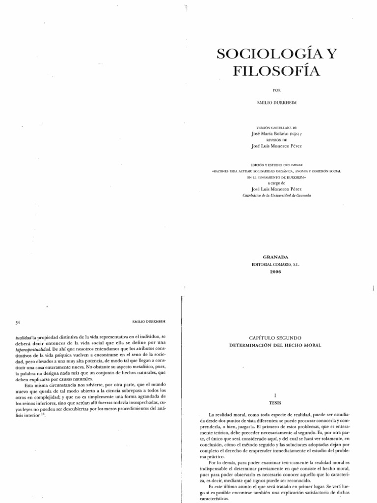 Durkheim - Sociologia y Filosofia Capitulos 2 y 3 | PDF | Moralidad | Realidad