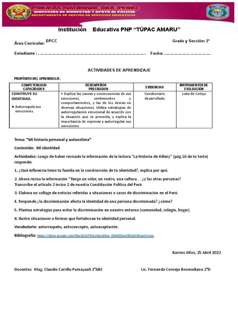 2do Grado DPCC Actividad 02-2022 I BIM | PDF | Las emociones | Cognición