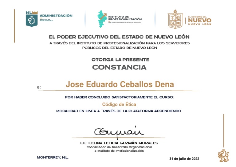 Constancia Cdigo de Tica | PDF