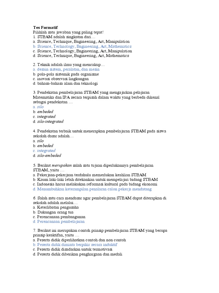 Tes Formatif Pembelajaran STEAM | PDF | Seni | Teknologi & Rekayasa