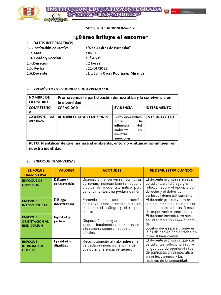 Sesion de Aprendizaje I DPCC 1° Grado | PDF | Interculturalidad | Cognición