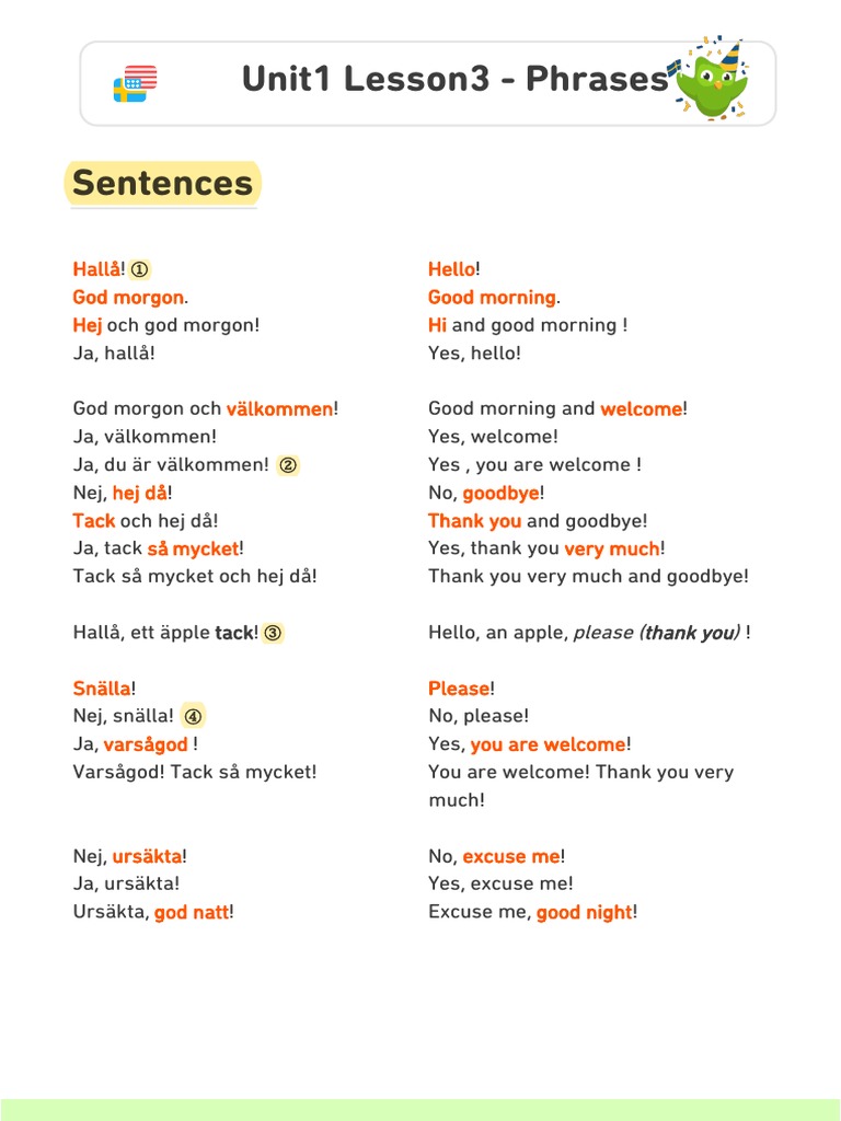 Swedish - Duolingo Unit1 Lesson3 Phrases | PDF