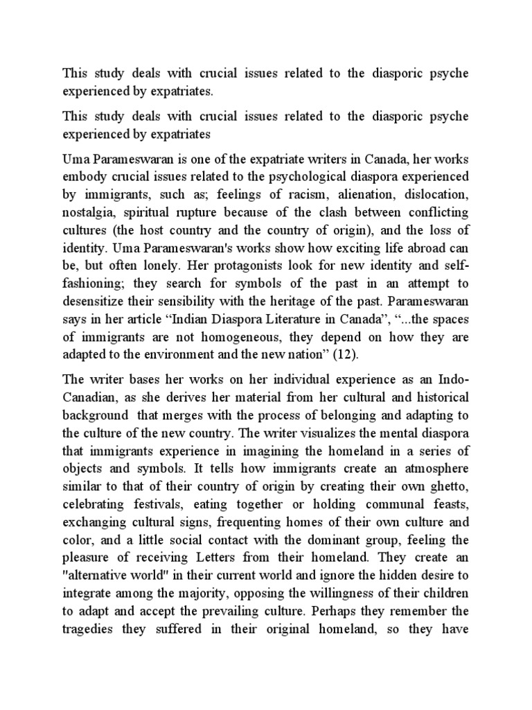 Diasporic Psyche in Uma Parameswaran's Works | PDF | Social Science ...