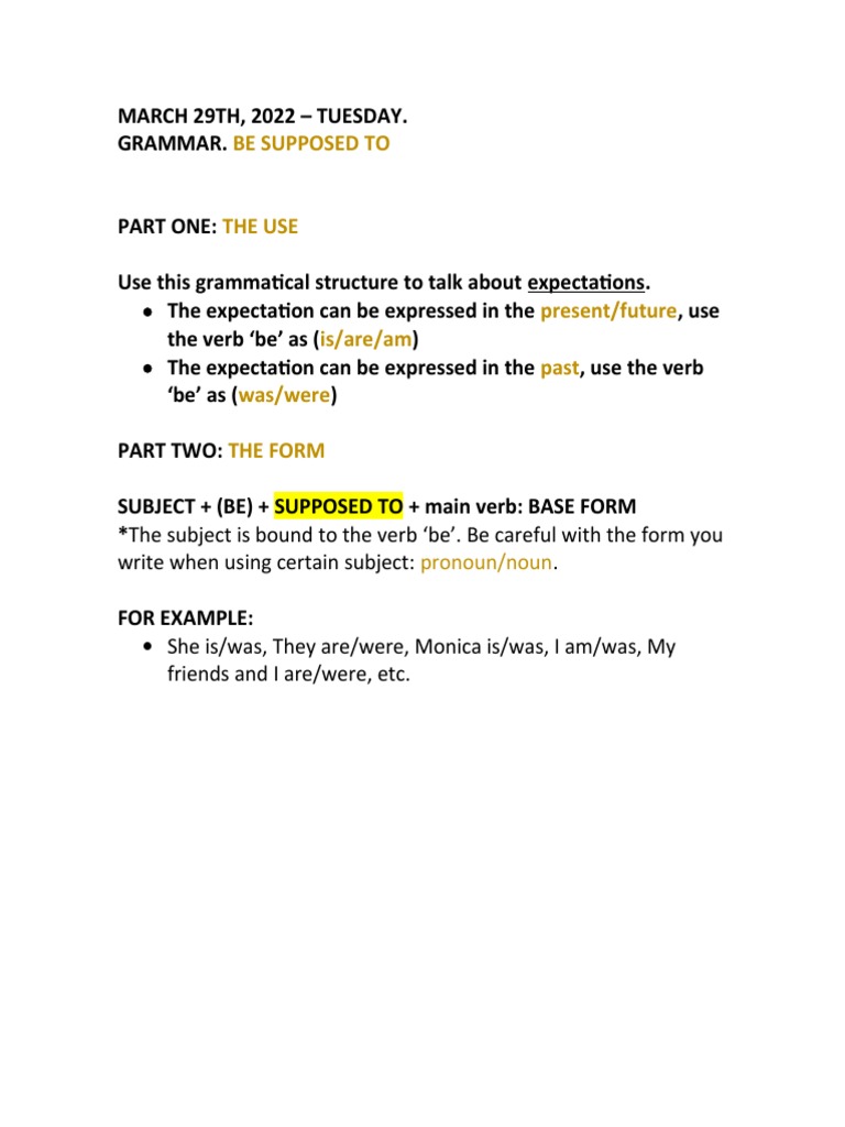 Grammar Be Supposed To Pdf Verb Subject Grammar