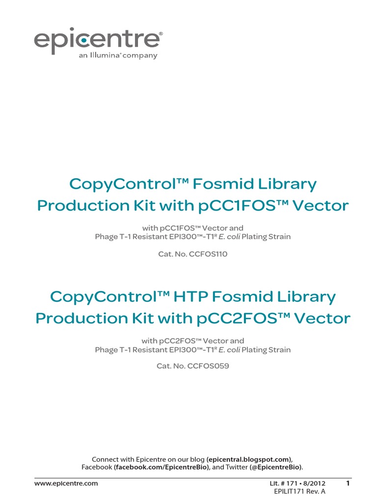 Copycontrol™ Fosmid Library Production Kit With Pcc1Fos™ Vector ...