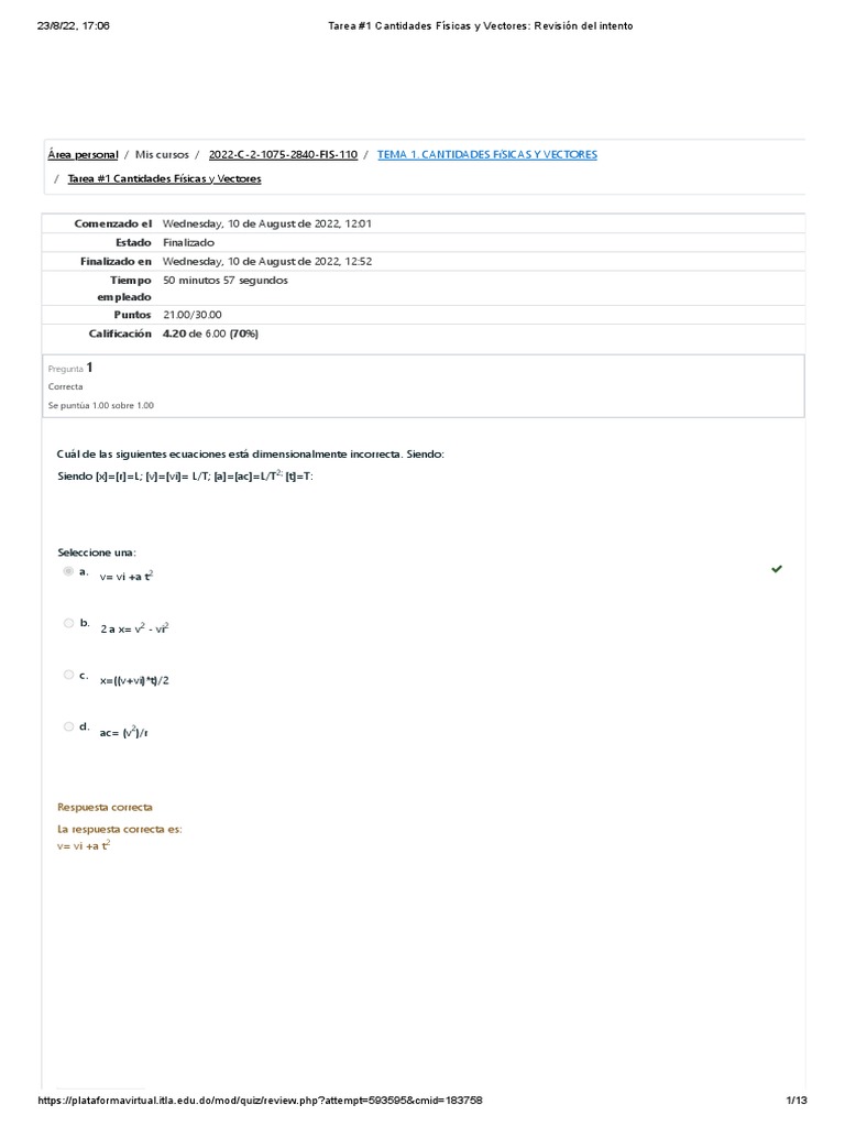 Tarea #1 Cantidades Físicas y Vectores - Revisión Del Intento | PDF | Vector Euclidiano | Celsius