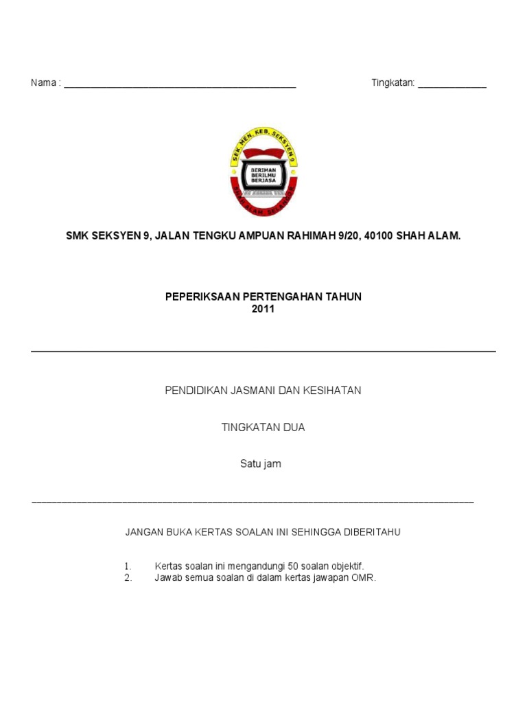 Ujian Akhir Tahun Pjk Tingkatan 2 Set4 Pdf