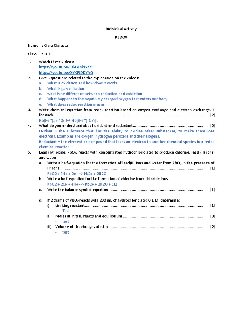 REDOX Assignment 1 | PDF | Redox | Chemical Reactions
