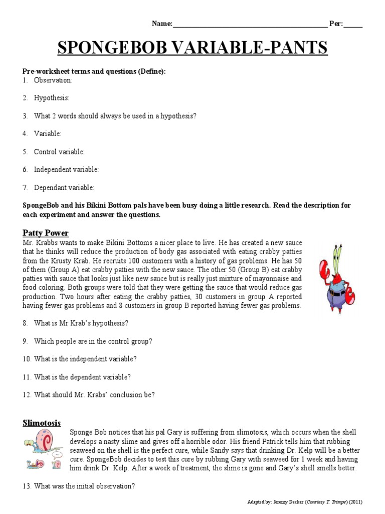 Scientific Method - Spongebob Variables - Worksheet | PDF