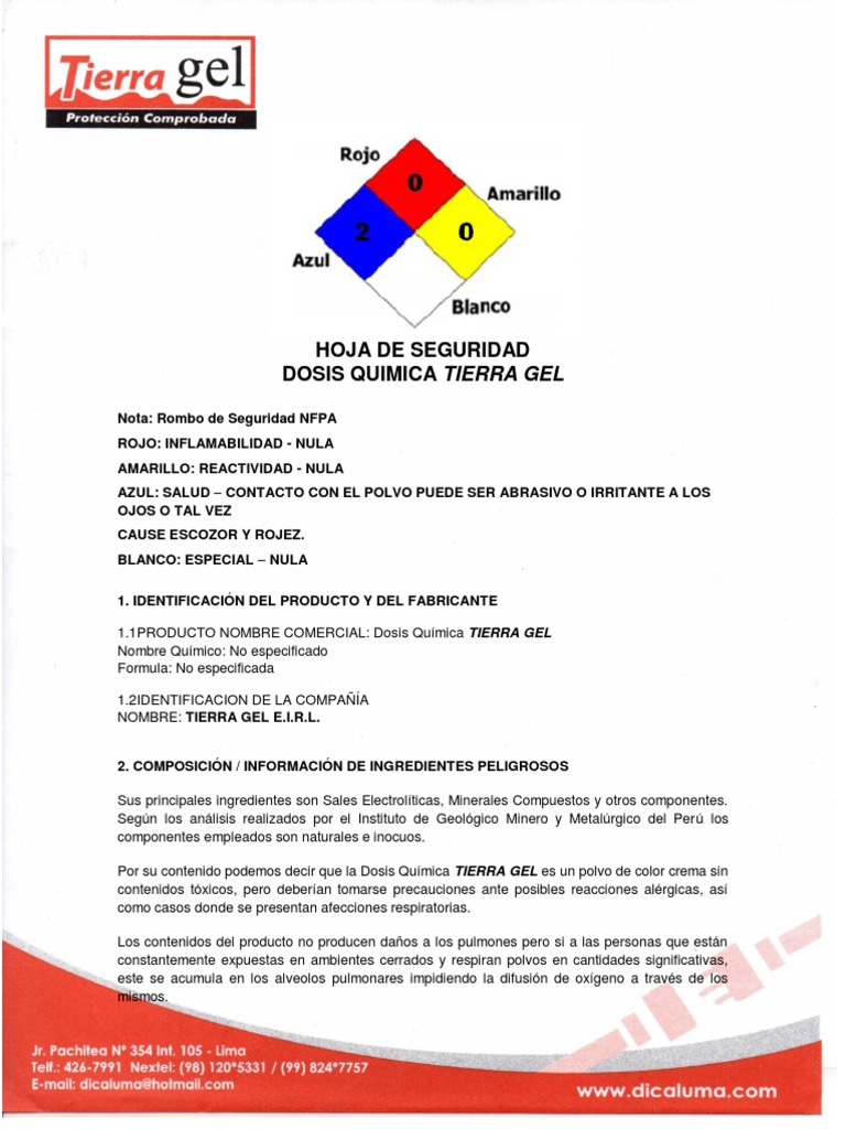Hoja Seguridad - Dosis Quimica Tierra Gel | PDF | Agua | Residuos