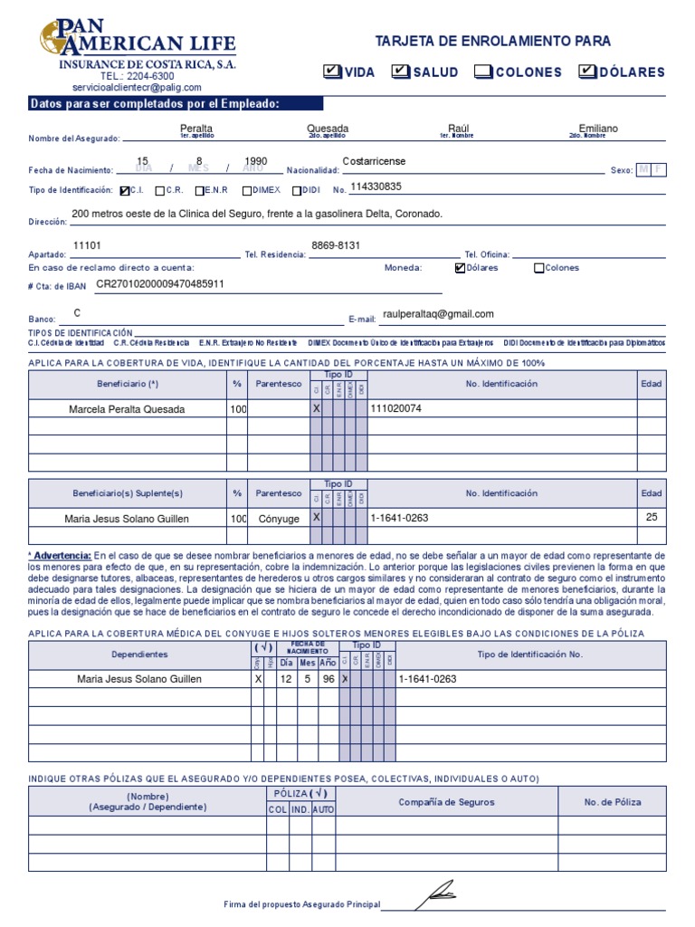 Formulario Tarjeta de Enrolamiento Enero 2022 | PDF | Póliza de seguros ...