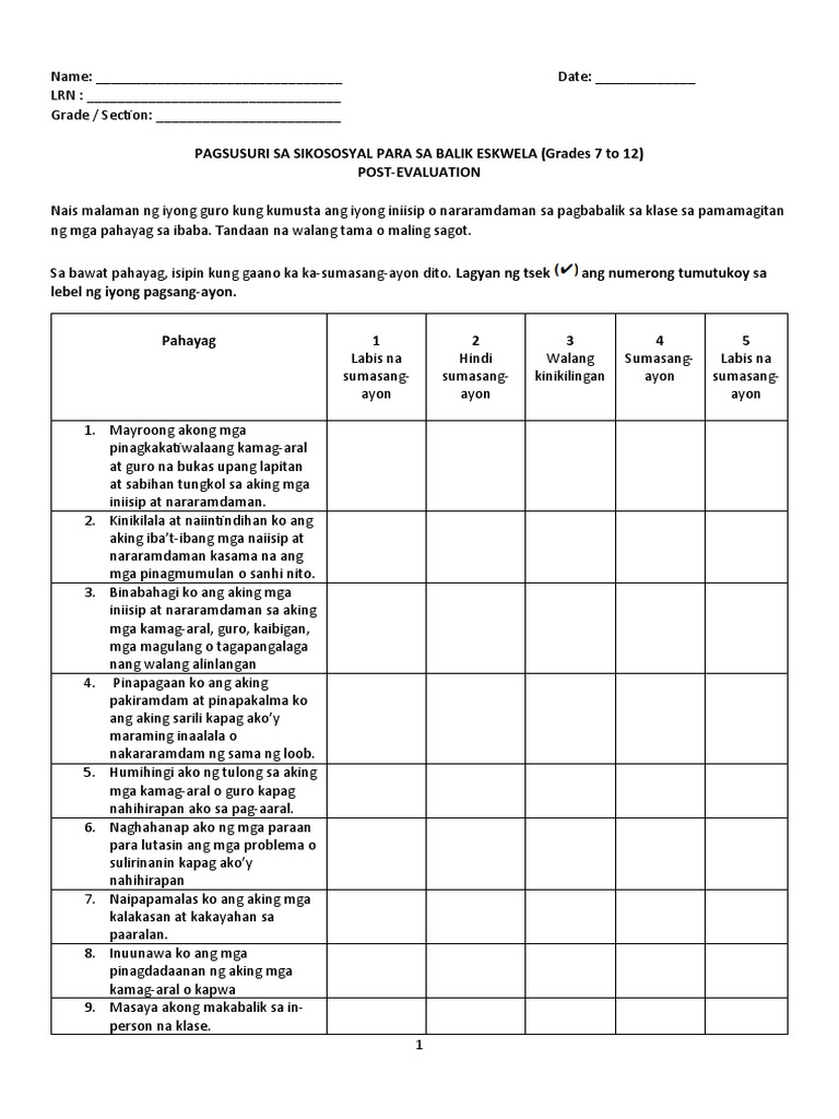 Psychosocial Post Evaluation Form For Grade 7 To Grade 12 | PDF