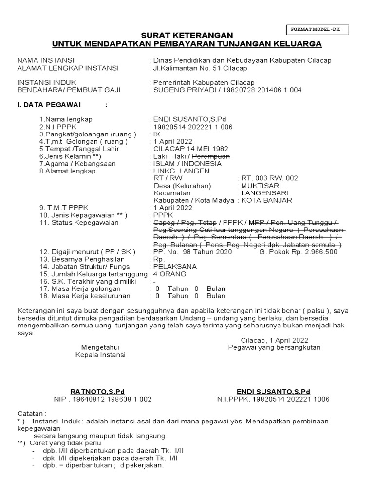 FORMAT MODEL DK GURU PPPK SD Dan SMP 2022 | PDF