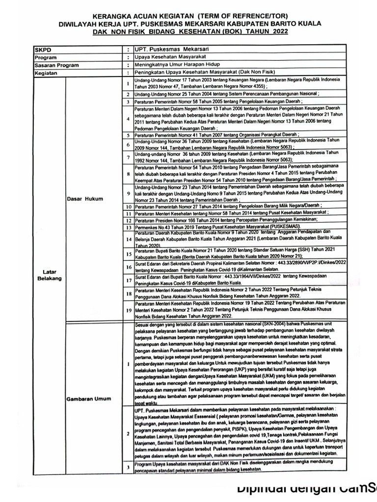 TOR BOK Perubahan UPT. PKM MEKARSARI 2022 | PDF
