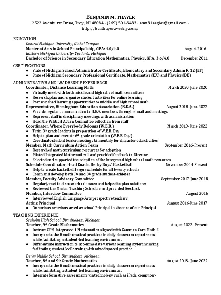 Thayer Ben Resume 2022 | PDF | Teachers | Learning