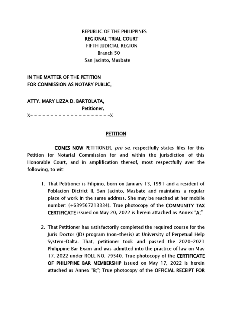 Petition For Notarial Commission | PDF | Notary Public | Public Law