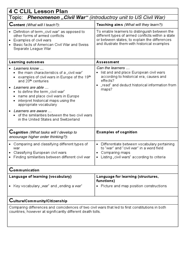 4 C CLIL Lesson Plan C: Topic: Phenomenon Civil War" (Introductroy Unit To US Civil War) | PDF ...
