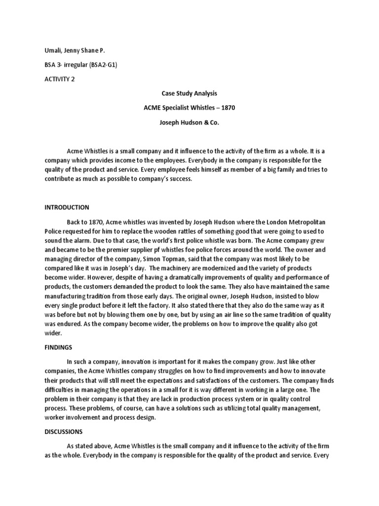 Case Study Analysis ACME Specialist Whistles - 1870 Joseph Hudson & Co ...