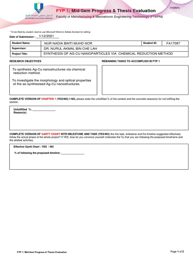 Mid-Sem Progress & Thesis Evaluation: Faculty of Manufacturing & Mechatronic Engineering ...