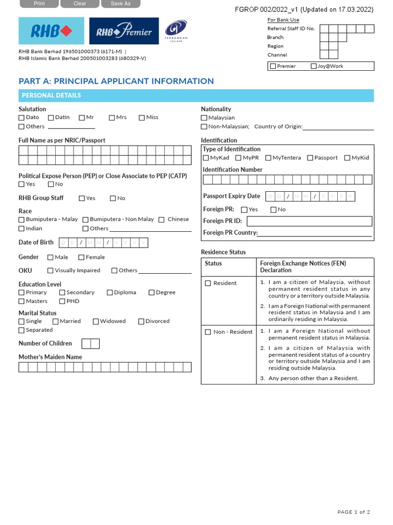 RHB Personal Financing Application Form | PDF | Credit Card | Banks