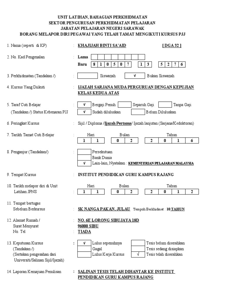 Borang Lapor Diri Pegawai Tamat PJJ | PDF