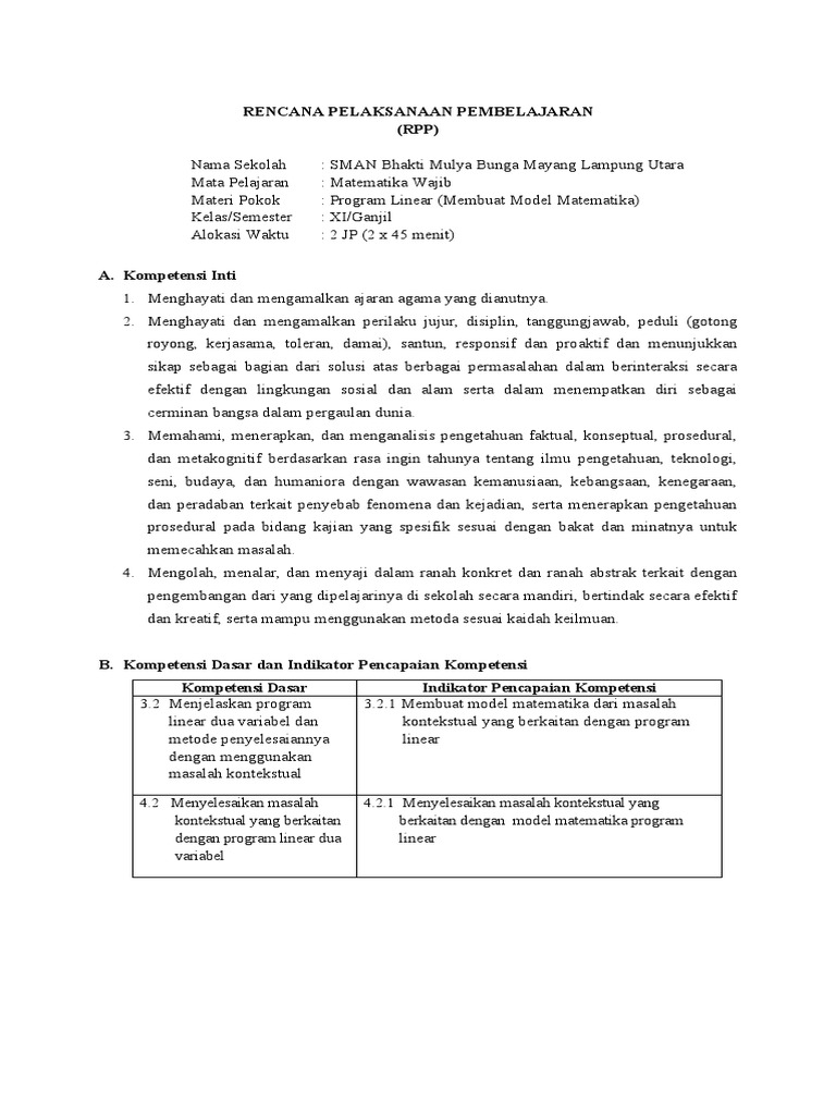 RPP 1 Model Matematika | PDF
