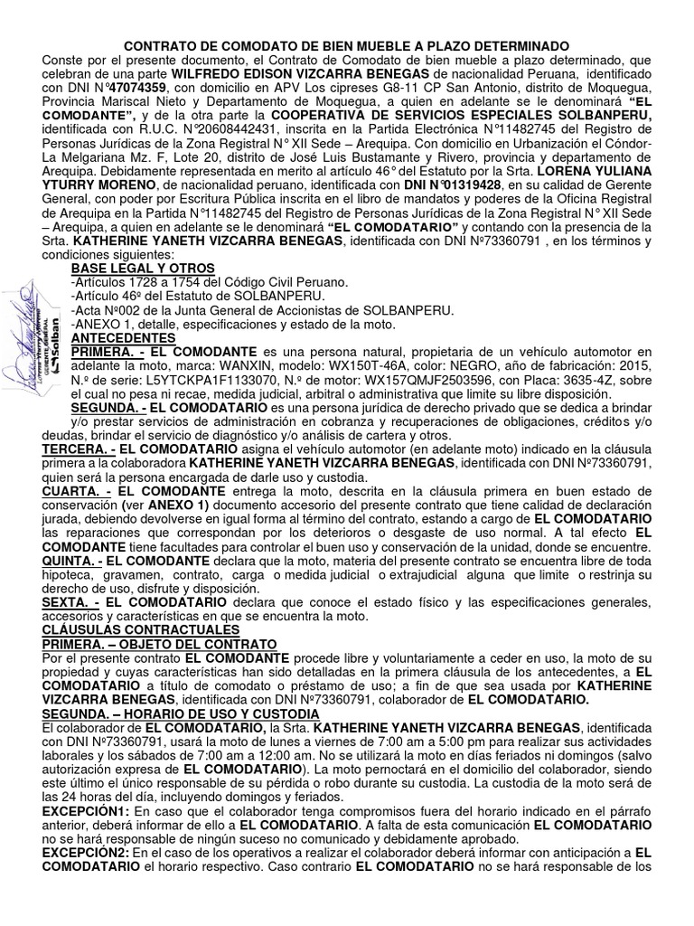 2022-04-01 Contrato de Comodato-Solban Katherine Yaneth Vizcarra Benegas Firma Digital | PDF ...