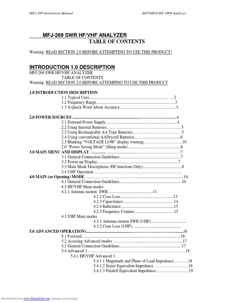 Mfj-269 SWR HF/VHF Analyzer | PDF | Antenna (Radio) | Electrical Impedance