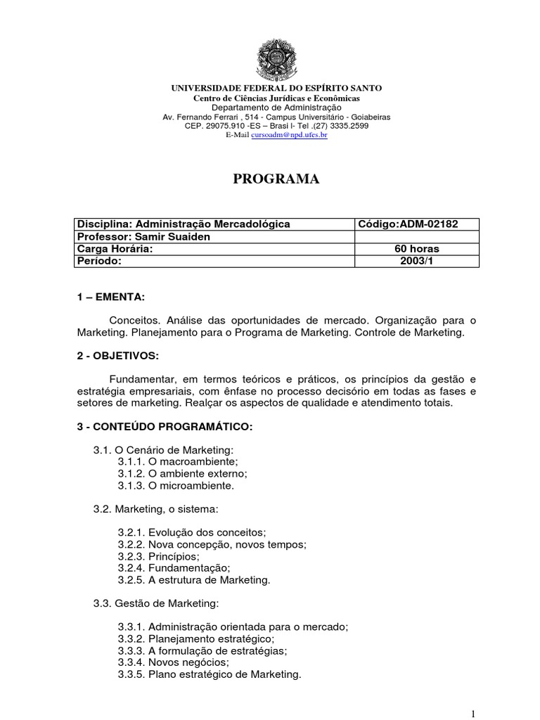 Modelo Ementa ADM Mercadológica | PDF | Marketing | Mercado (economia)