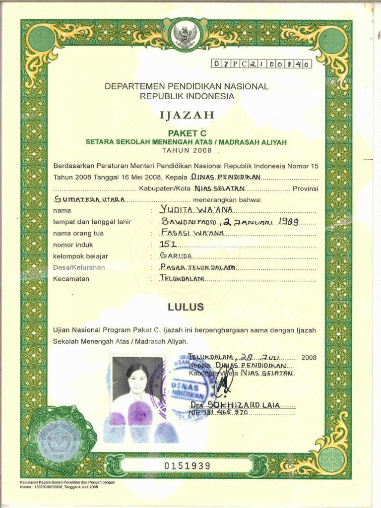 Ijazah Paket C Dan Transkrip Nilai | PDF