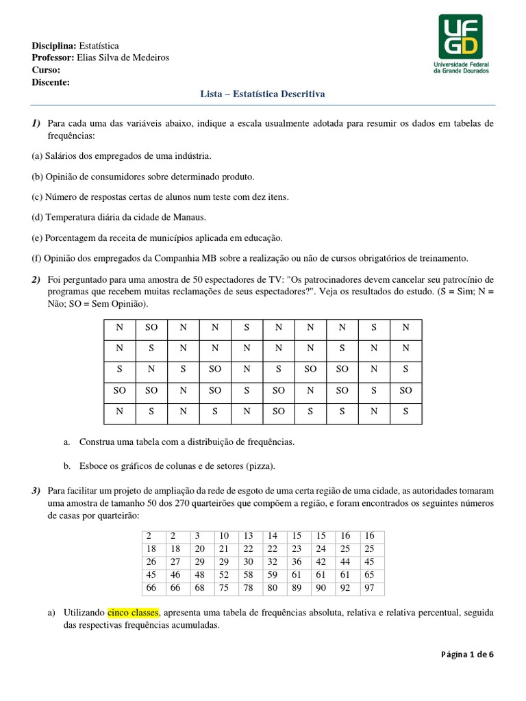 Lista Estatistica Descritiva | PDF | Histograma | Desvio padrão