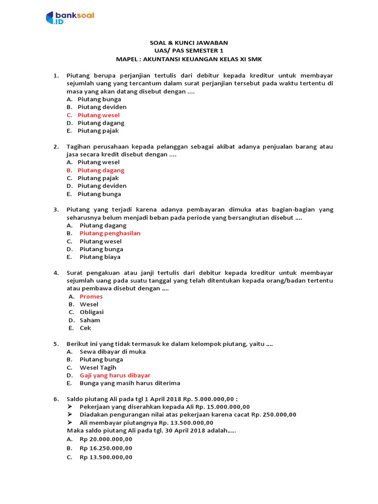 Soal & Kunci Pas Akuntansi Keuangan Kelas 11 Semester 1 2021 | PDF