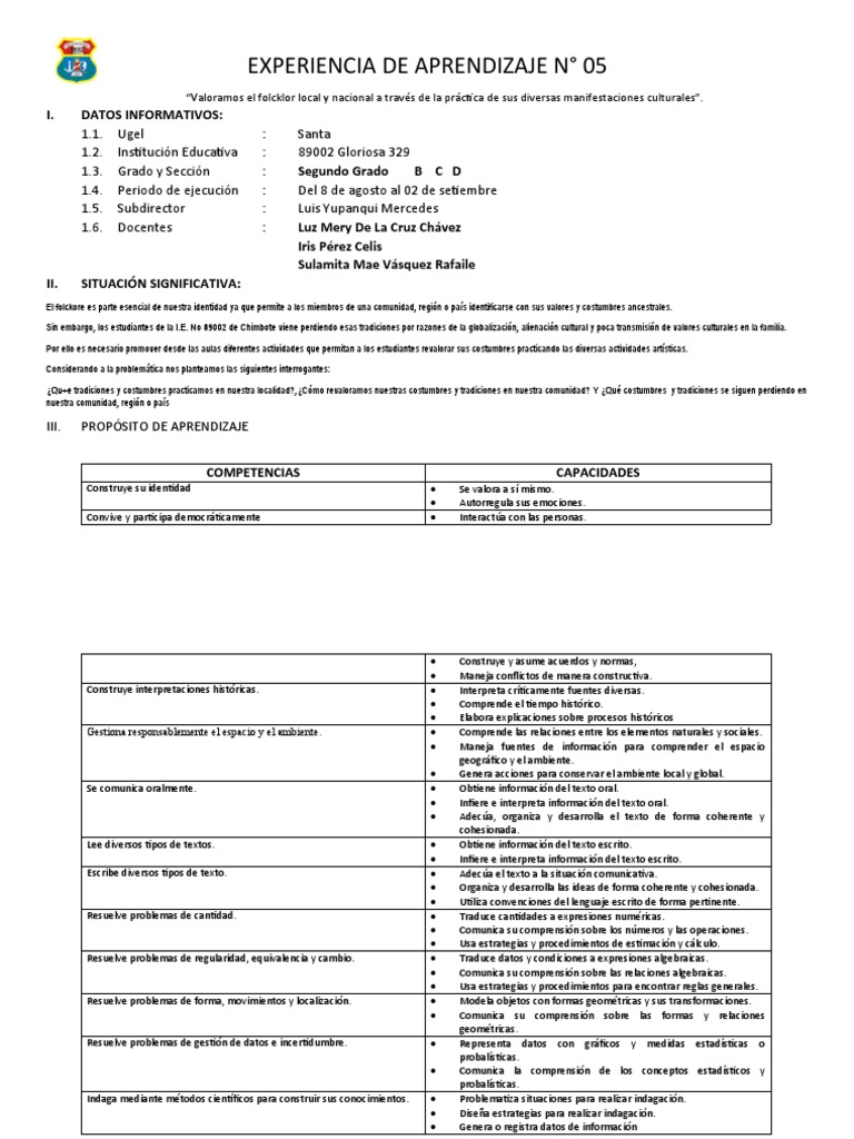 Experiencia de Aprendizaje N 05 Del 08 de Agosto Al 02 de Septiembre | PDF | Longitud | Aprendizaje