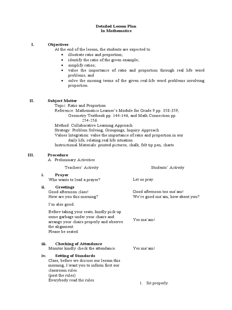 Detailed Lesson Plan New | PDF | Ratio | Lesson Plan