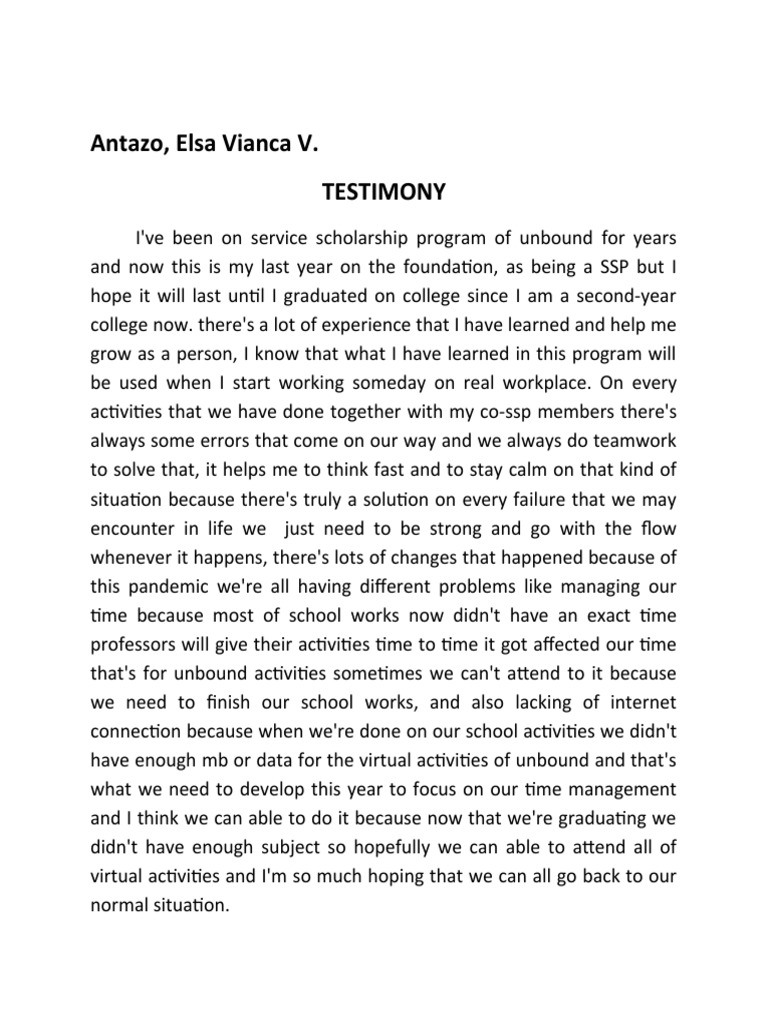 Antazo, Elsa Vianca V. Testimony | PDF | Career & Growth