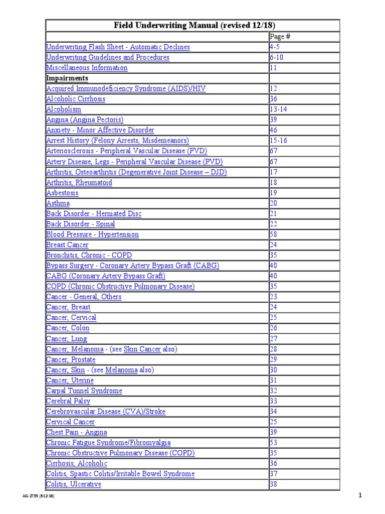 Field Underwriting Manual Guide | PDF | Cervical Cancer | Asthma