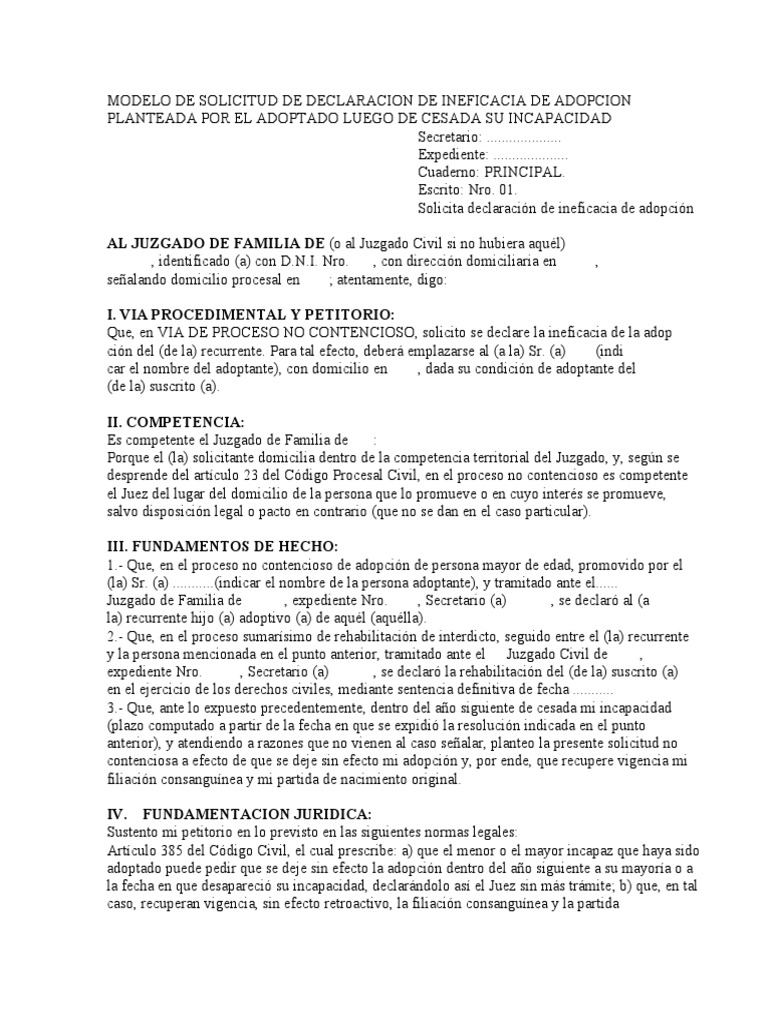 Ineficacia de Adopción: Solicitud Legal | PDF | Adopción | Ley procesal