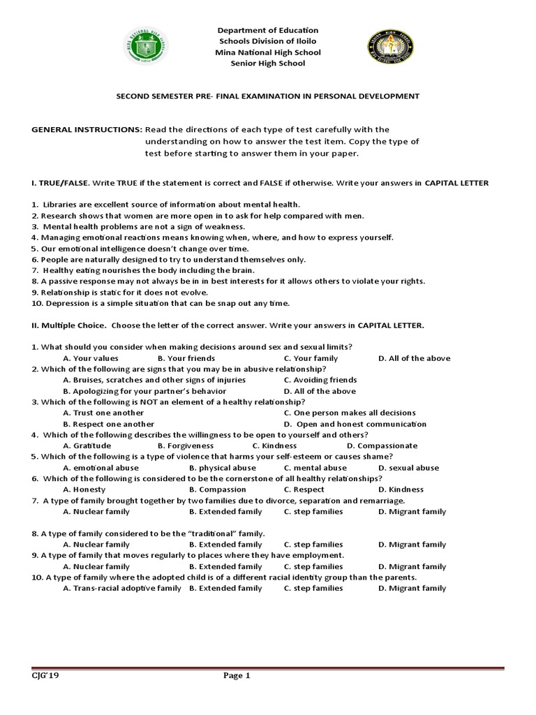 Senior High School Second Semester Pre-Final Examination in Personal ...