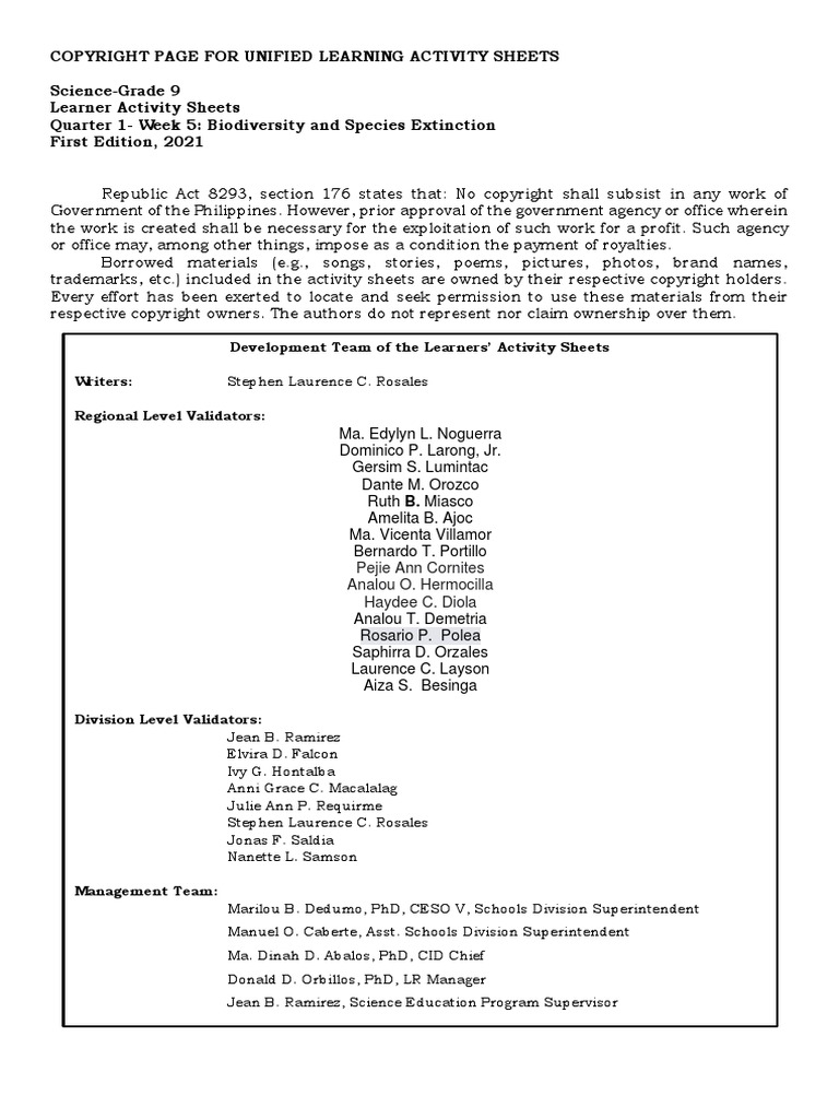 Science-Grade 9 Learner Activity Sheets Quarter 1-Week 5: Biodiversity ...