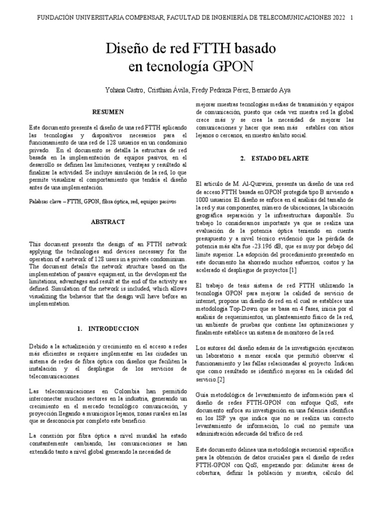 Diseño de Red FTTH | PDF | Red de computadoras | Fibra óptica