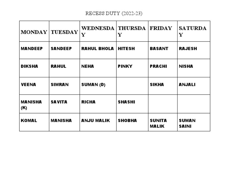 Recess Duty Schedule 2022-23 | PDF