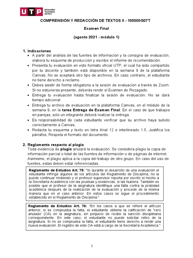 100000G07T COMPRENSIÓN Y REDACCIÓN DE TEXTOS 2 - Agosto2021 - Formato UTP (-M2) 2 | PDF ...
