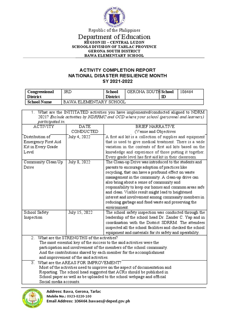 Department of Education: Activity Completion Report National Disaster Resilience Month SY 2021 ...