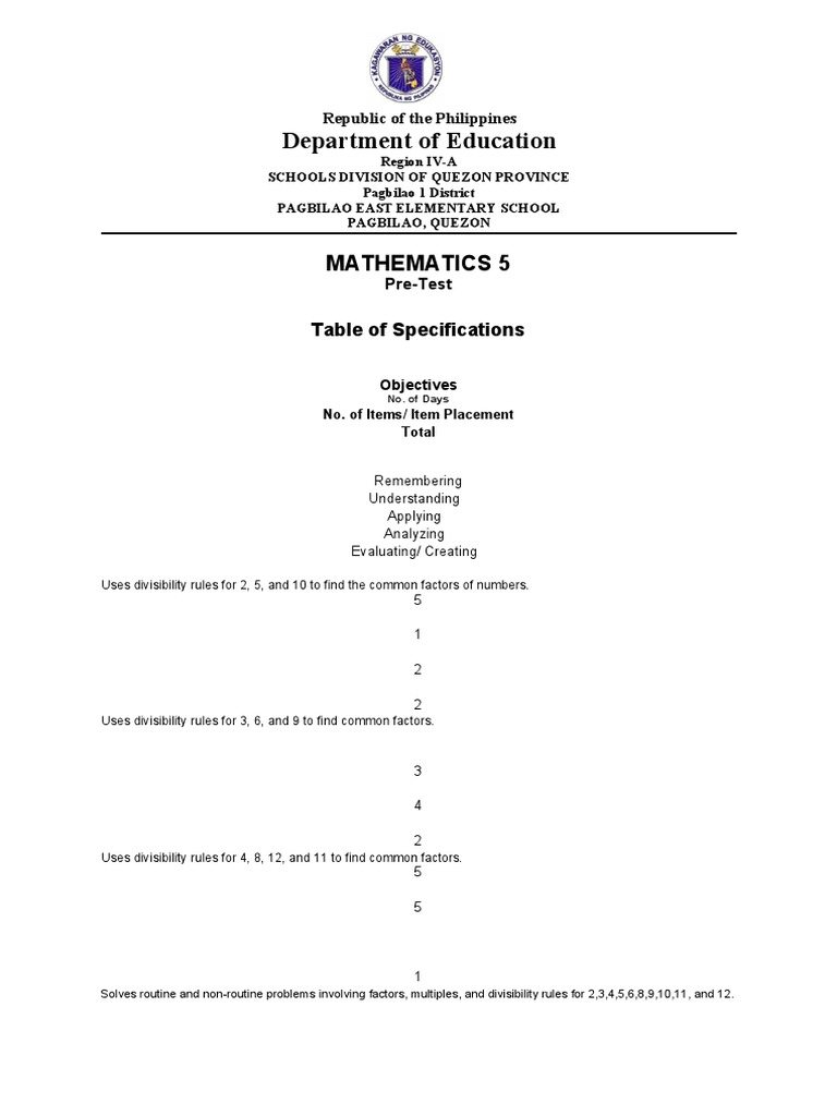 Math5 Diagnostic Test | PDF | Multiplication | Decimal