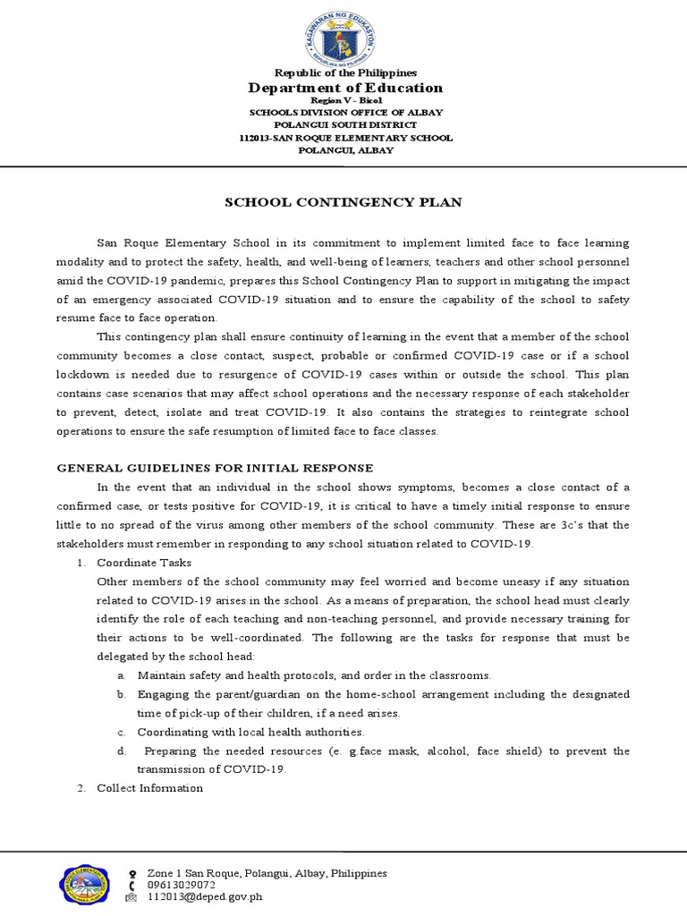 Department of Education: School Contingency Plan | PDF | Learning | Quarantine
