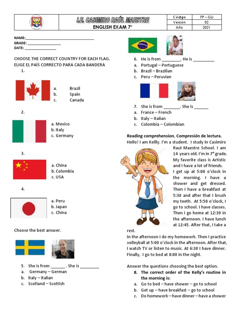 English Exam 7°: NAME: - GRADE: - DATE | PDF